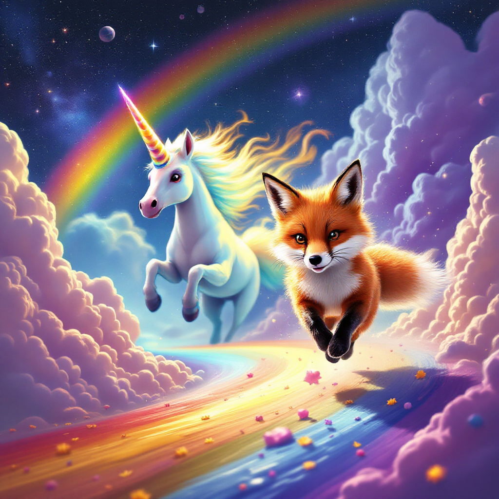 FLUX prompt: A ginger fox is running on a rainbow road in...