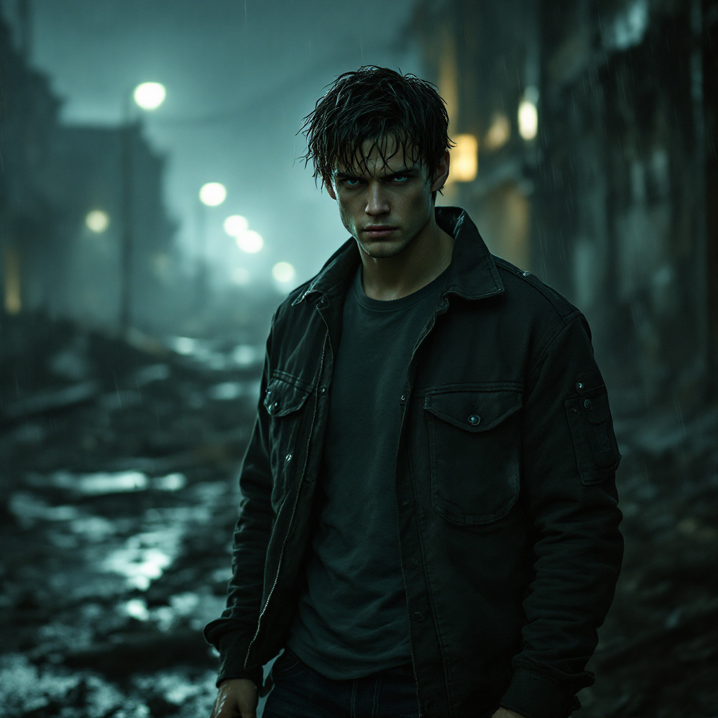 FLUX prompt: [EXT. RUINED STREET - NIGHT] - Cinematic, gr...