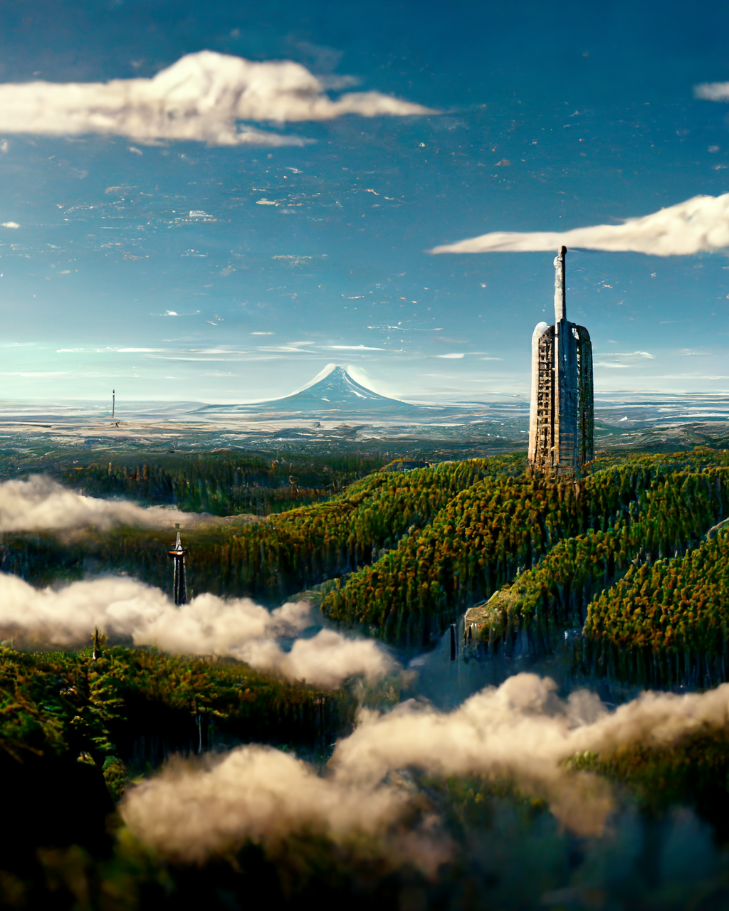 Midjourney prompt: a lone skyscraper landscape vista phot...