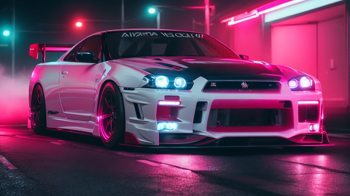 DreamShaper prompt: white Nissan Skyline GTR-34 with neon...