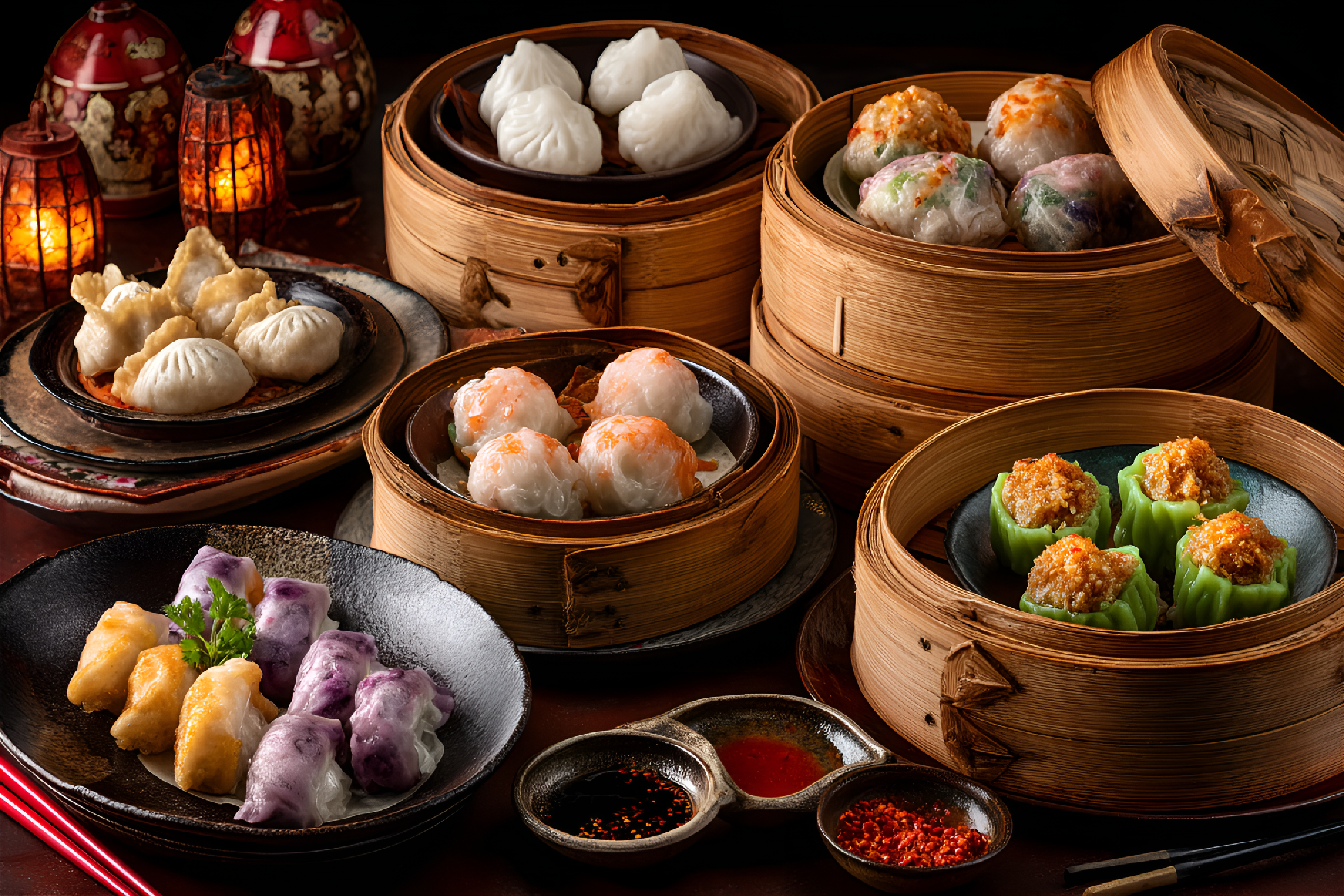 Midjourney prompt: lavish spread of dim sum on a traditio...