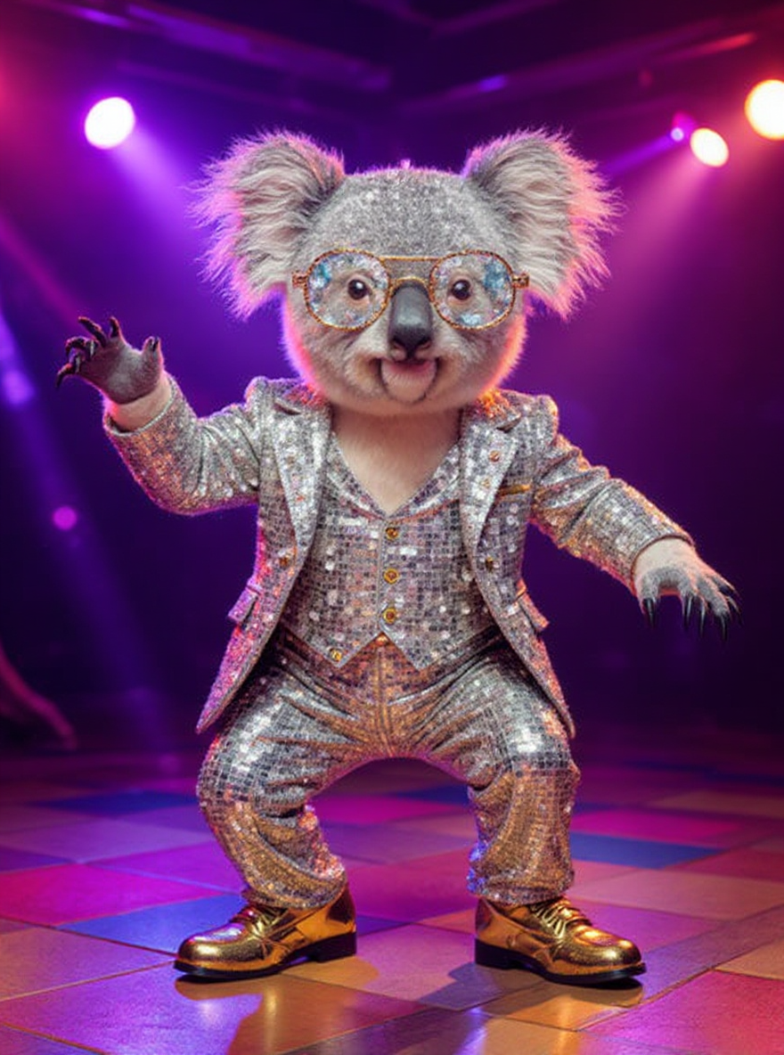FLUX prompt: Tap dancing flat out Australian Kola Bear co...