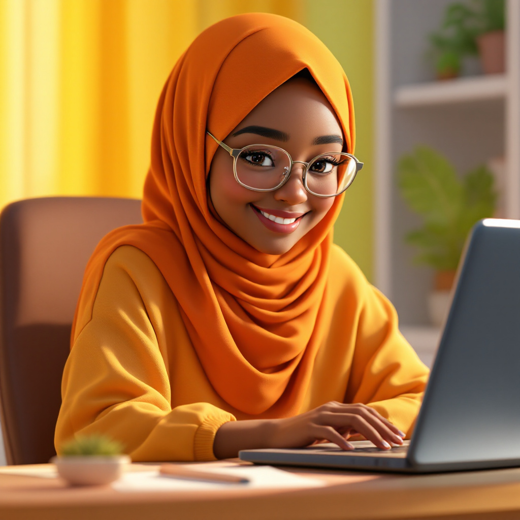 FLUX prompt: Animated pic of a black Muslim lady, moderat...