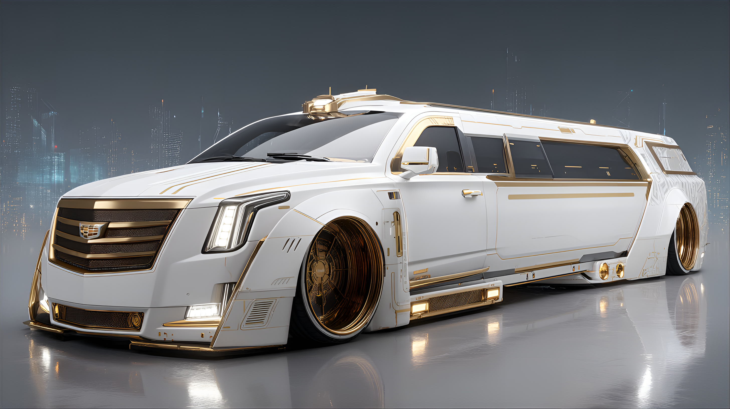 Midjourney prompt: A custom white limousine, heavily modi...