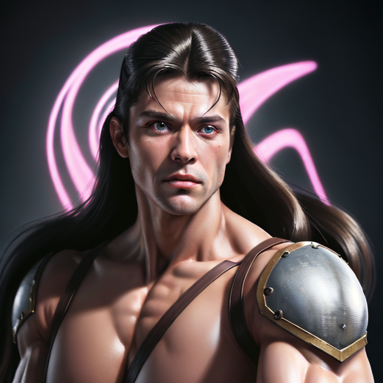 majicMIX realistic prompt: retrowave warrior muscles pose...
