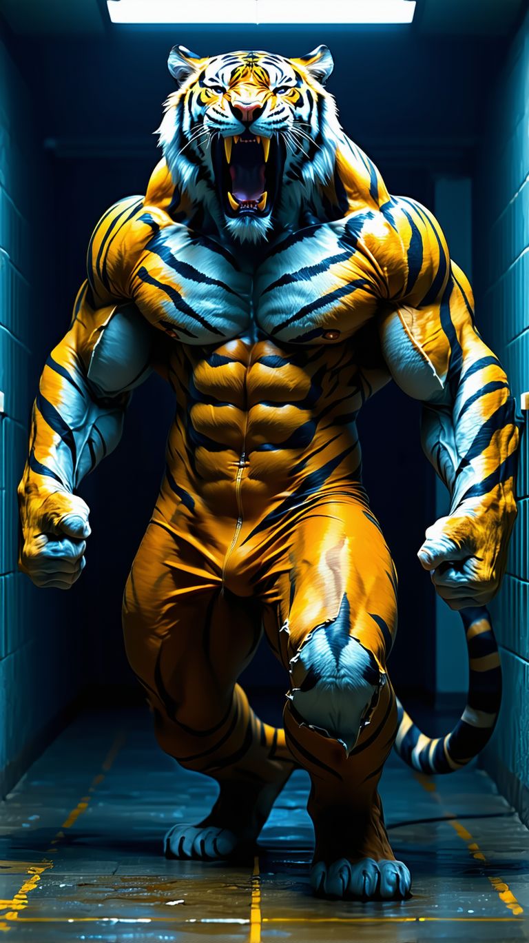 Stable Diffusion prompt: A terrifying humanoid tiger with striped fur ...