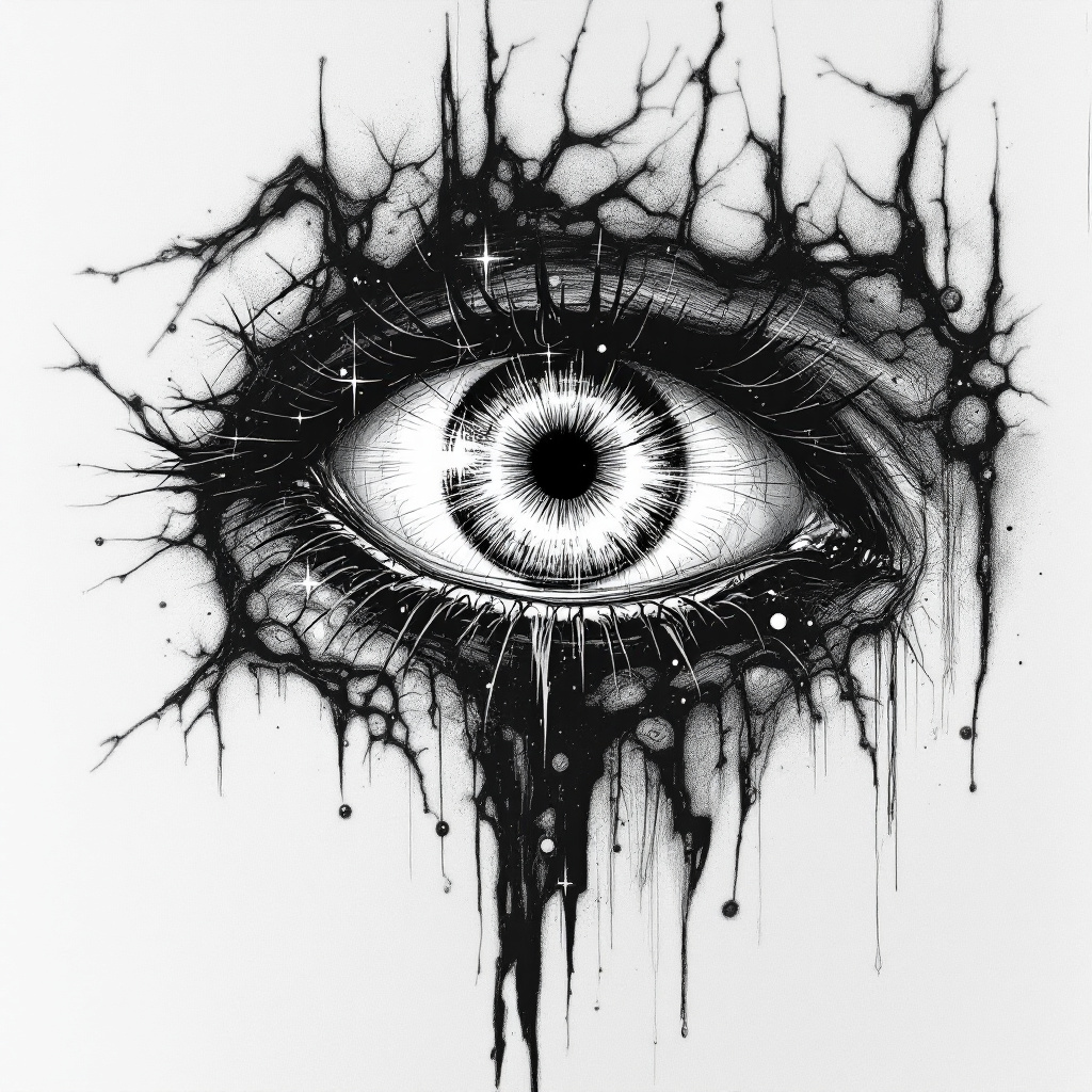 FLUX prompt: a black and white drawing of a person's eye,...