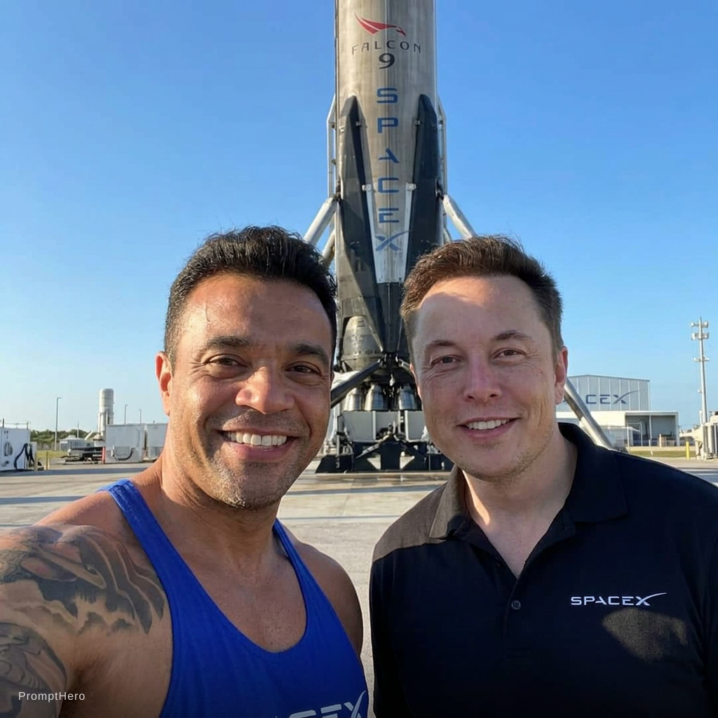 Nano Banana prompt: with Elon Musk in front of a SpaceX r...