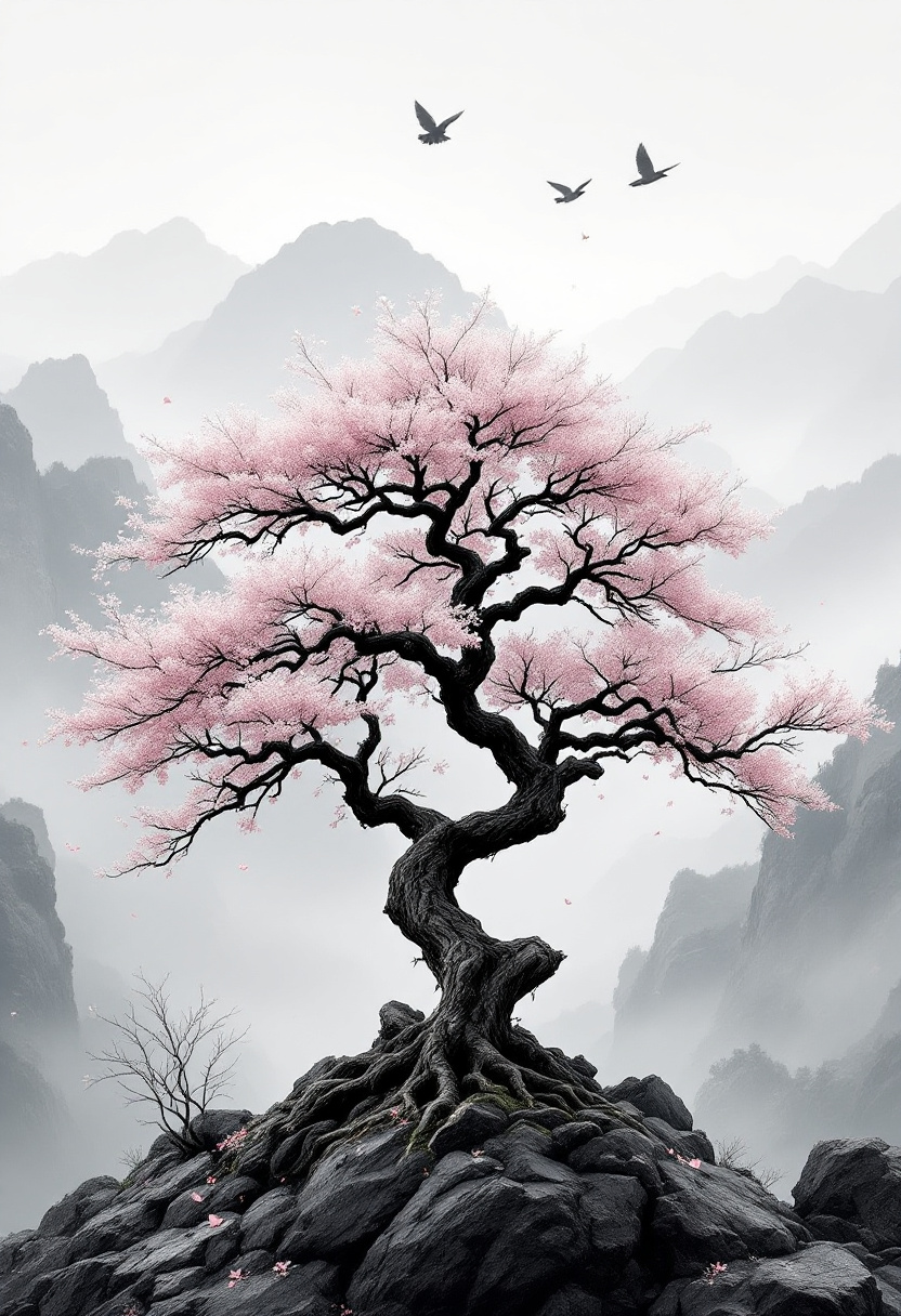 FLUX prompt: Traditional Japanese cherry tree with a natu...