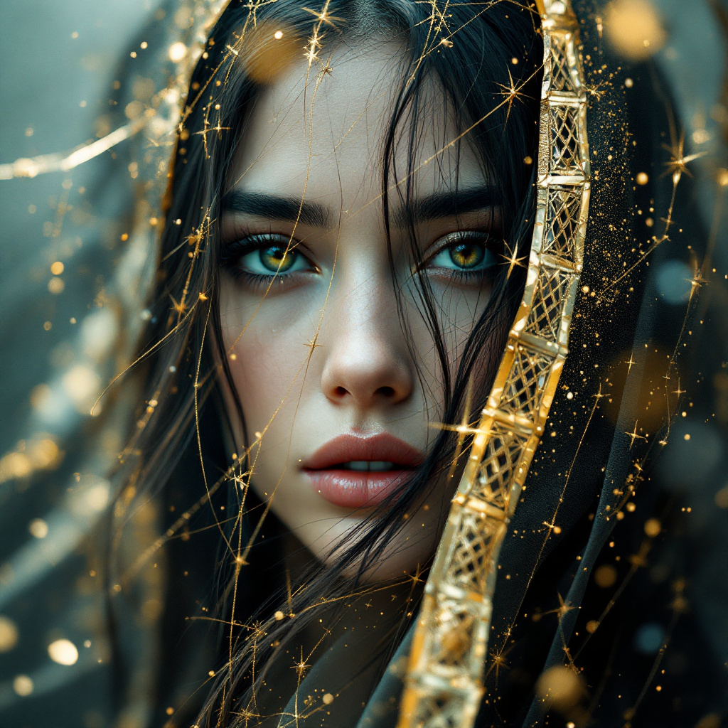 FLUX prompt: 1woman,beautiful,long hair,gold lining,veil,...