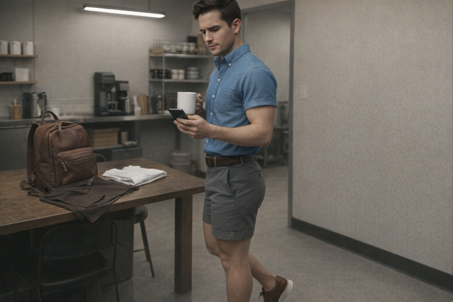 ChatGPT Image prompt: The model is at a employees coffee ...