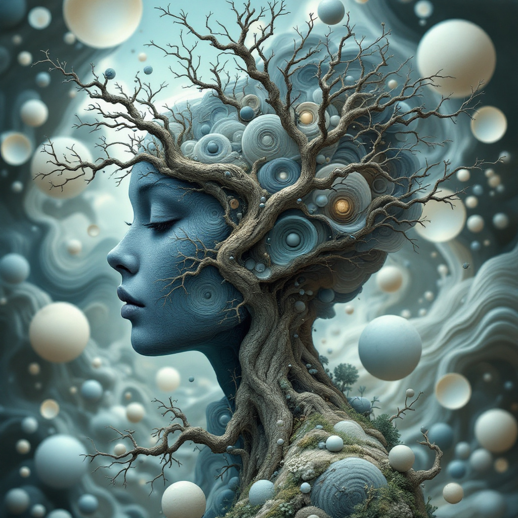 FLUX prompt: Surreal digital artwork featuring a side pro...