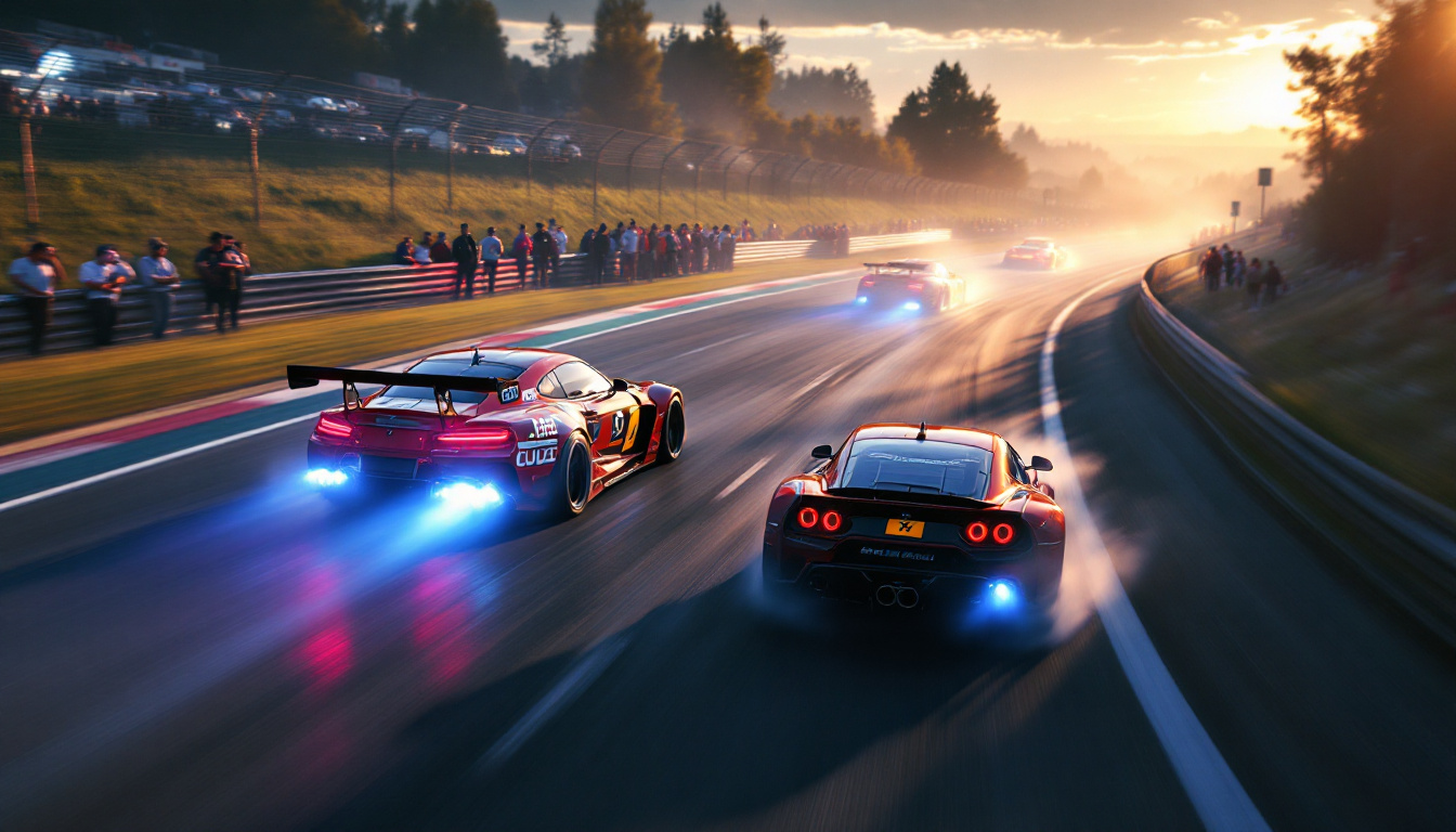 FLUX prompt: The race track turns. The first 2 (two) cars...