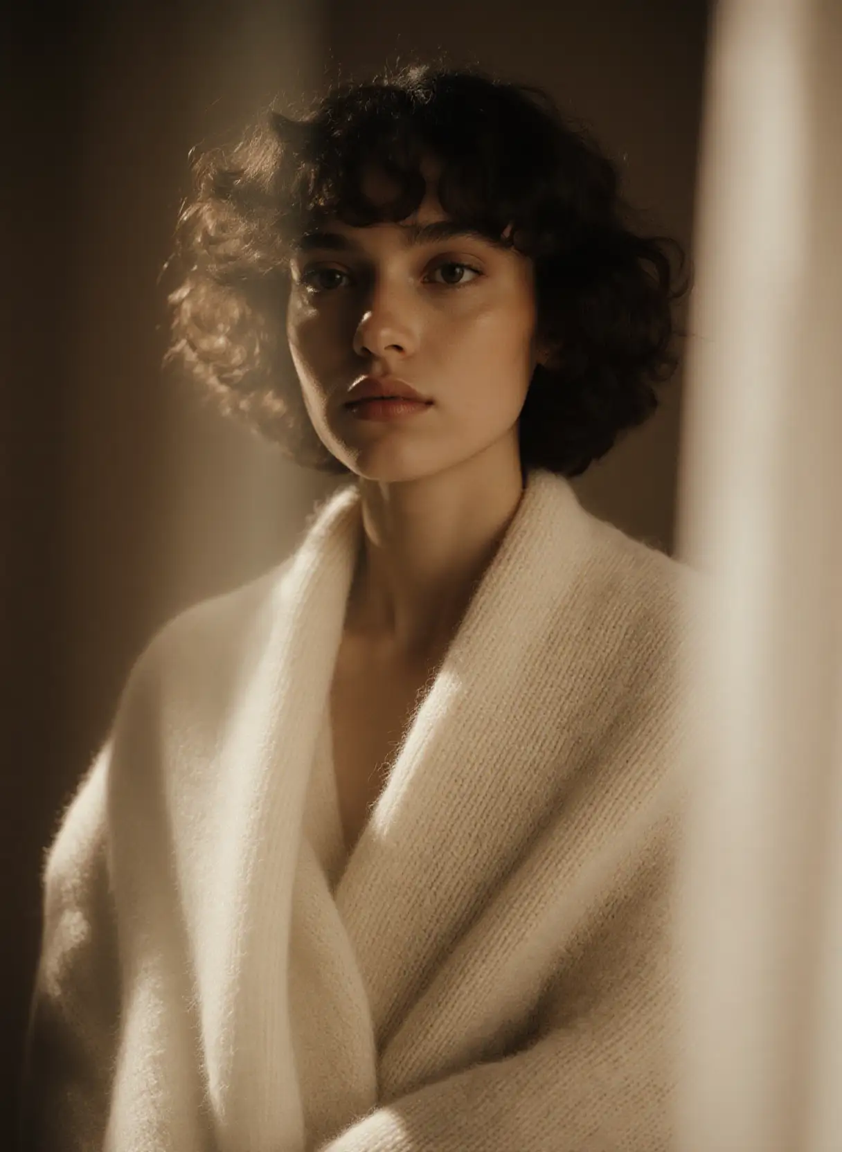 FLUX prompt: A woman with curly, dark hair styled in loos...