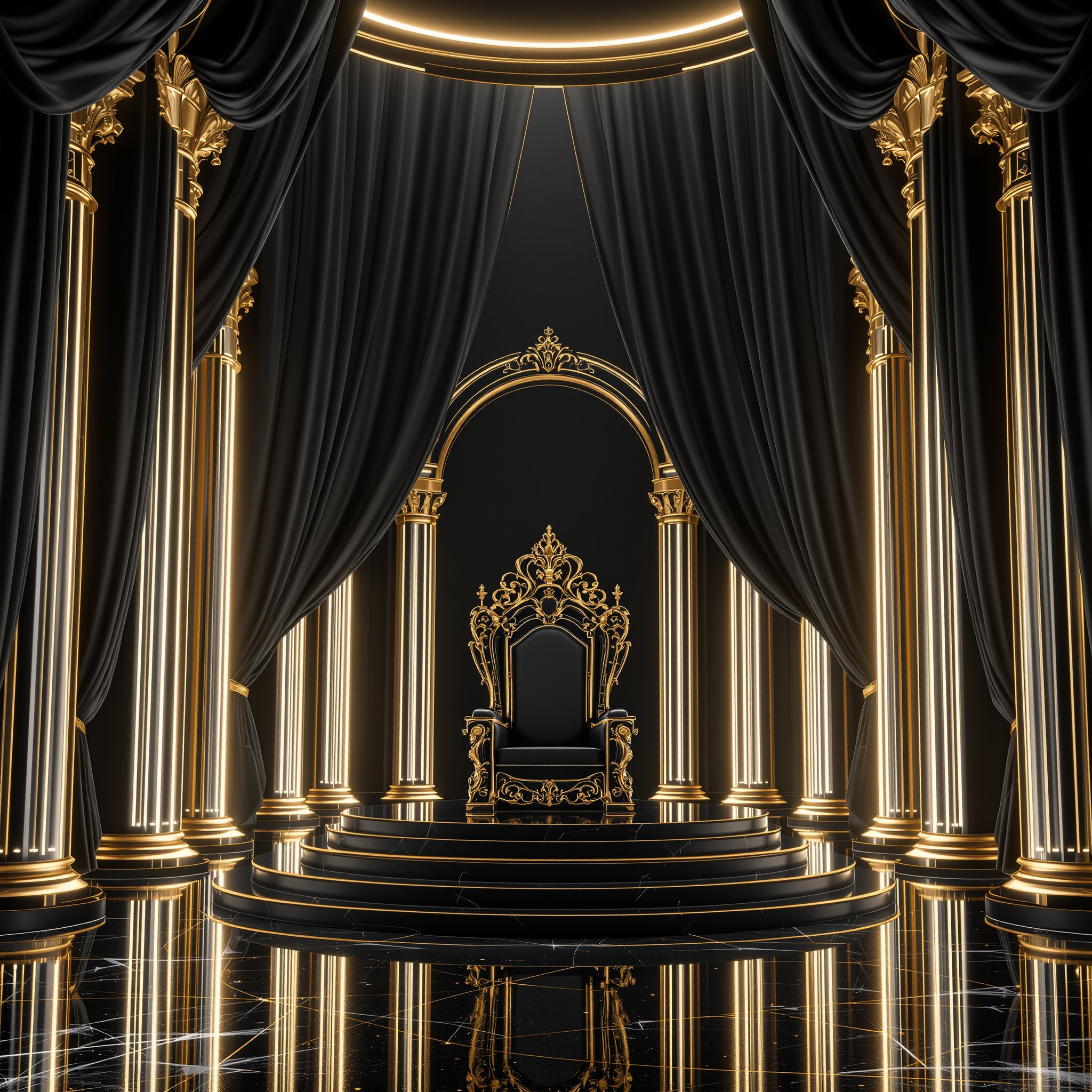 FLUX prompt: a fancy black throne room with pillars, stag...
