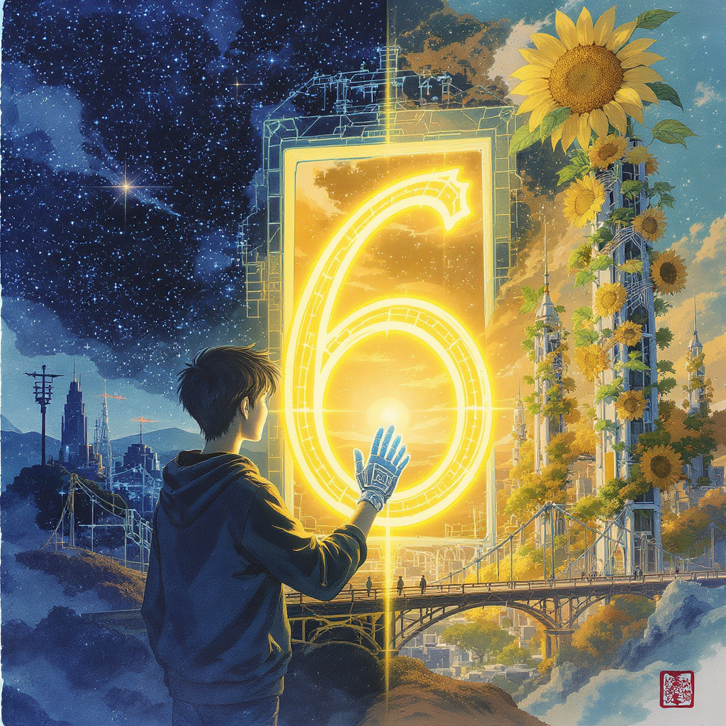 FLUX prompt: At dawn, a young person touches a time gate ...