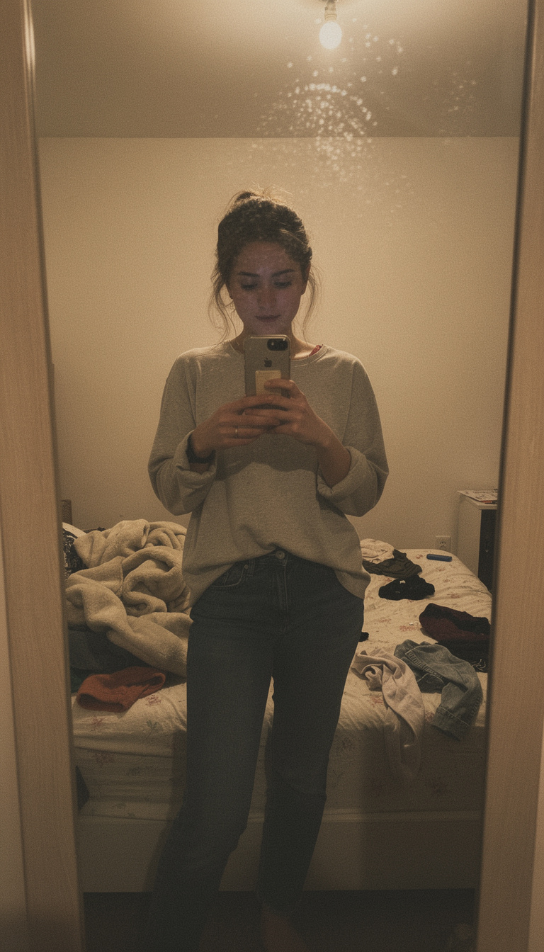 FLUX prompt: woman stands in front of a mirror, capturin...