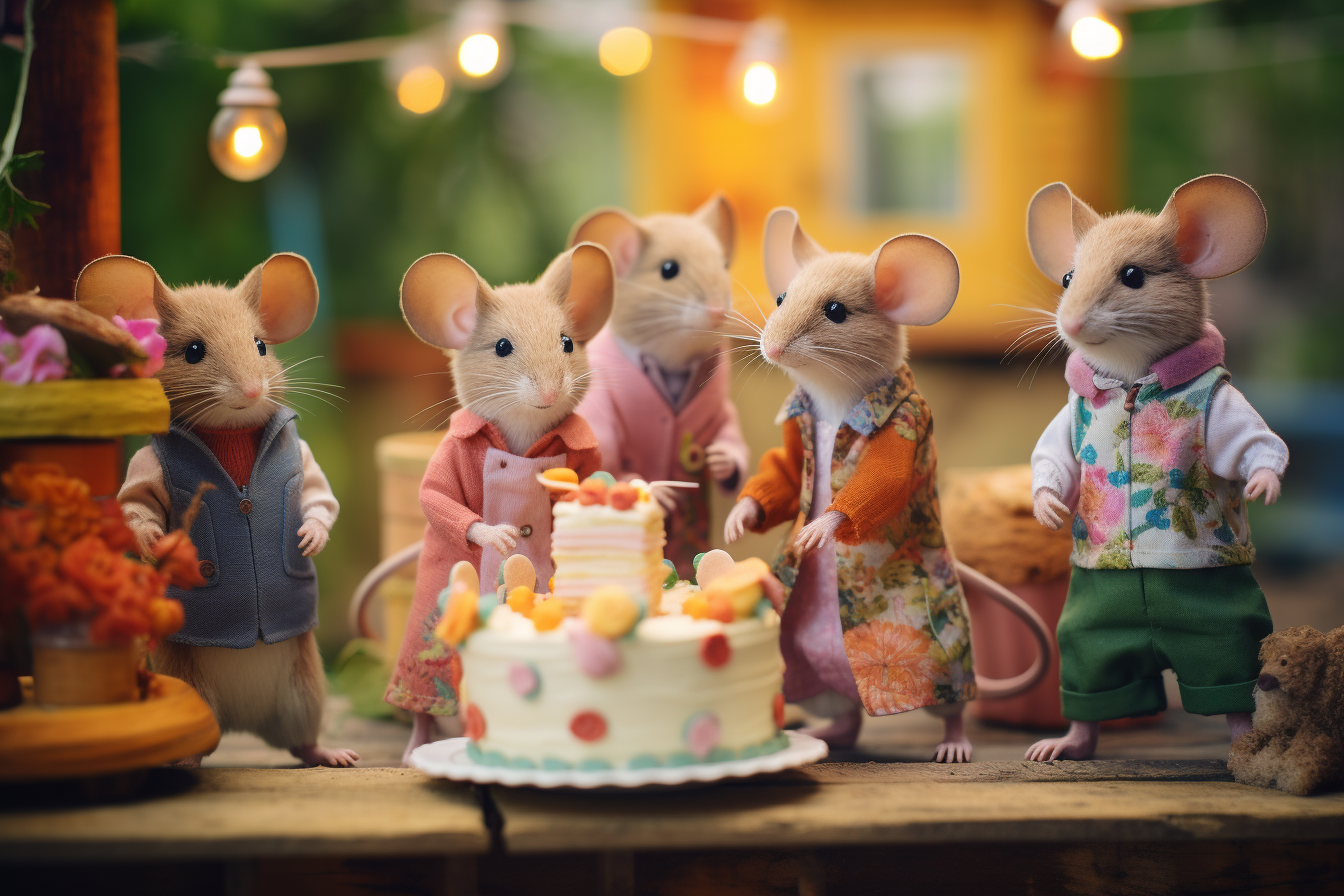 Clothed mice celebrate garden party