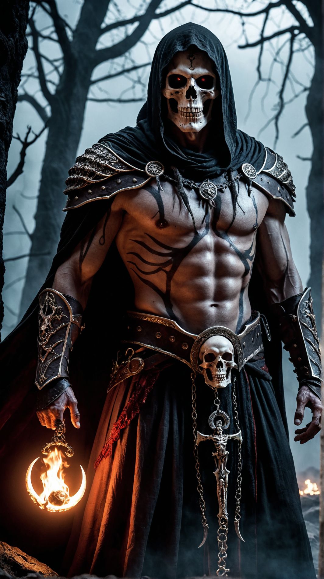 Stable Diffusion prompt: A chilling Necromancer stands am...