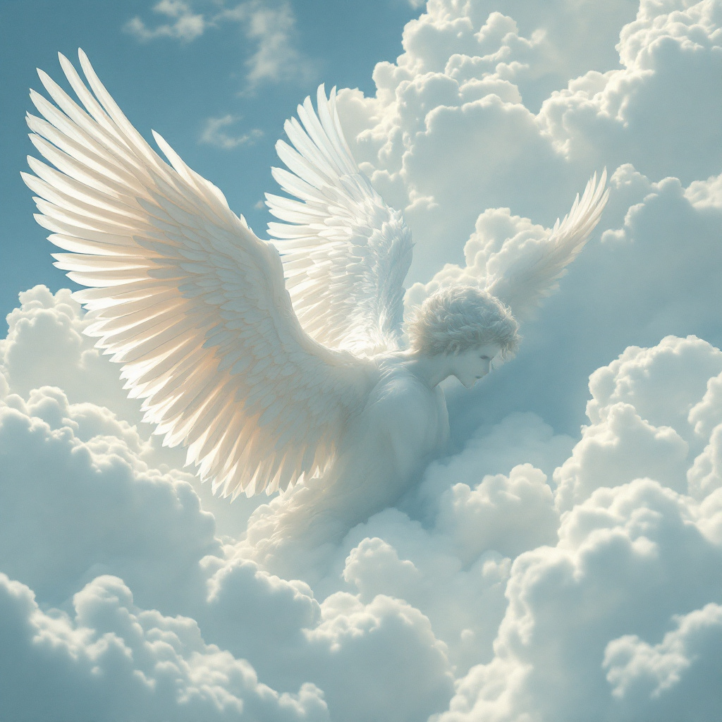 FLUX prompt: Delicate Angel wings in the clouds, male m...