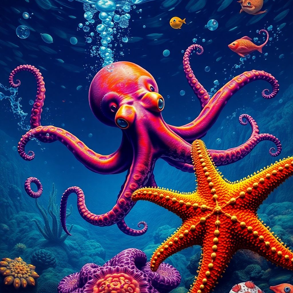 FLUX prompt: Underwater scene, octopus, starfish, surreal...