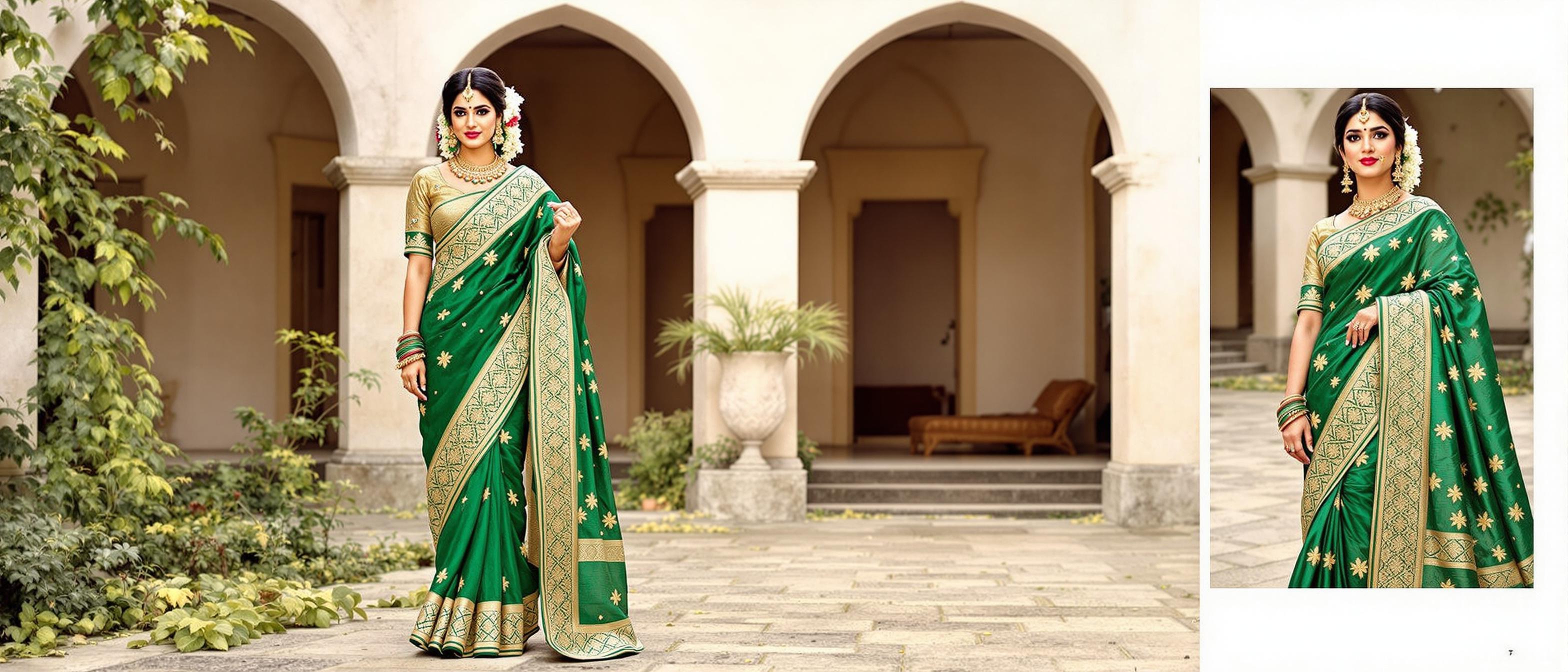 FLUX prompt: A woman in a luxurious emerald green silk sa...