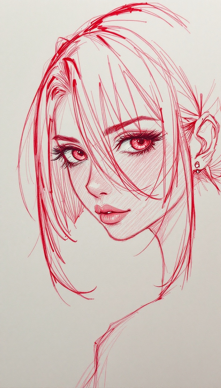 FLUX prompt: girl, red pen drawing, sketch, anime, expres...