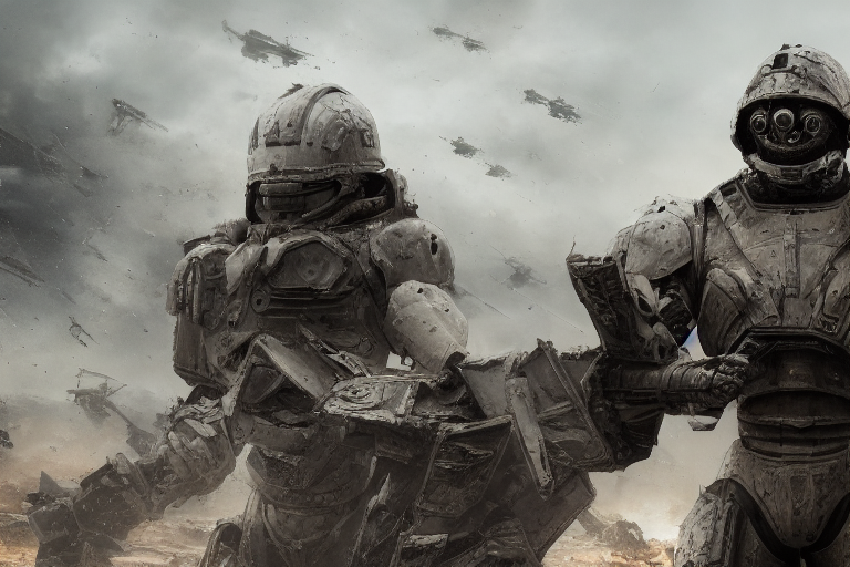 Stable Diffusion prompt: male marine in destroyed futuris...