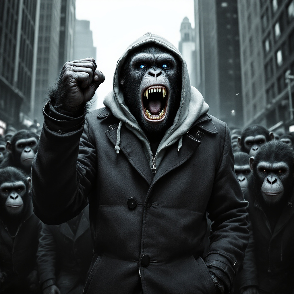 FLUX prompt: An Ape wearing bobber jeans, a hoodie under ...