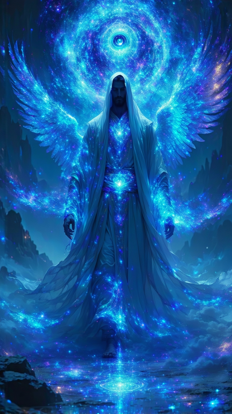 Stable Diffusion prompt: A luminous, divine figure floats...