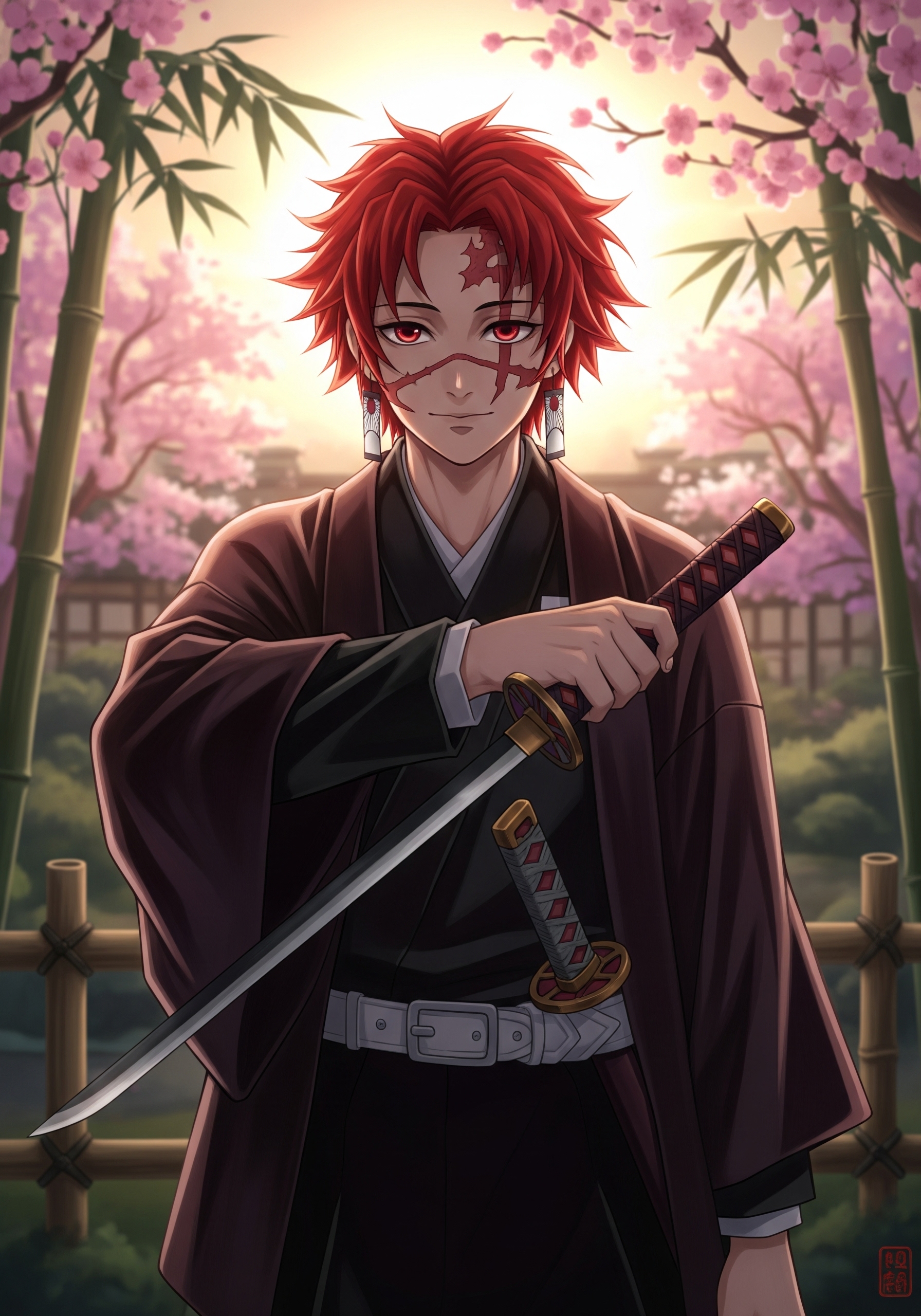 FLUX prompt: Red hair, cross-shaped scar, Blade reversed...