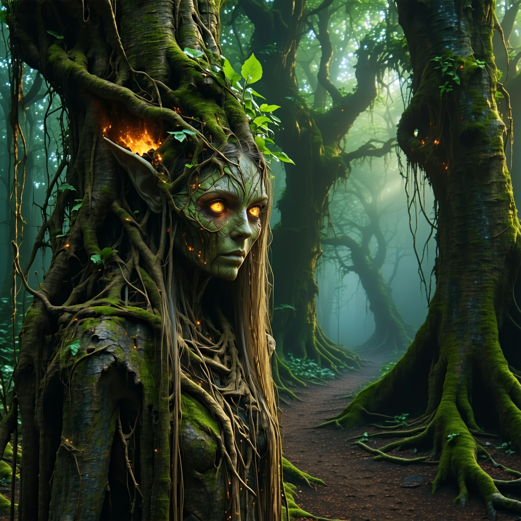 Stable Diffusion prompt: An ancient treant druid, her bod...