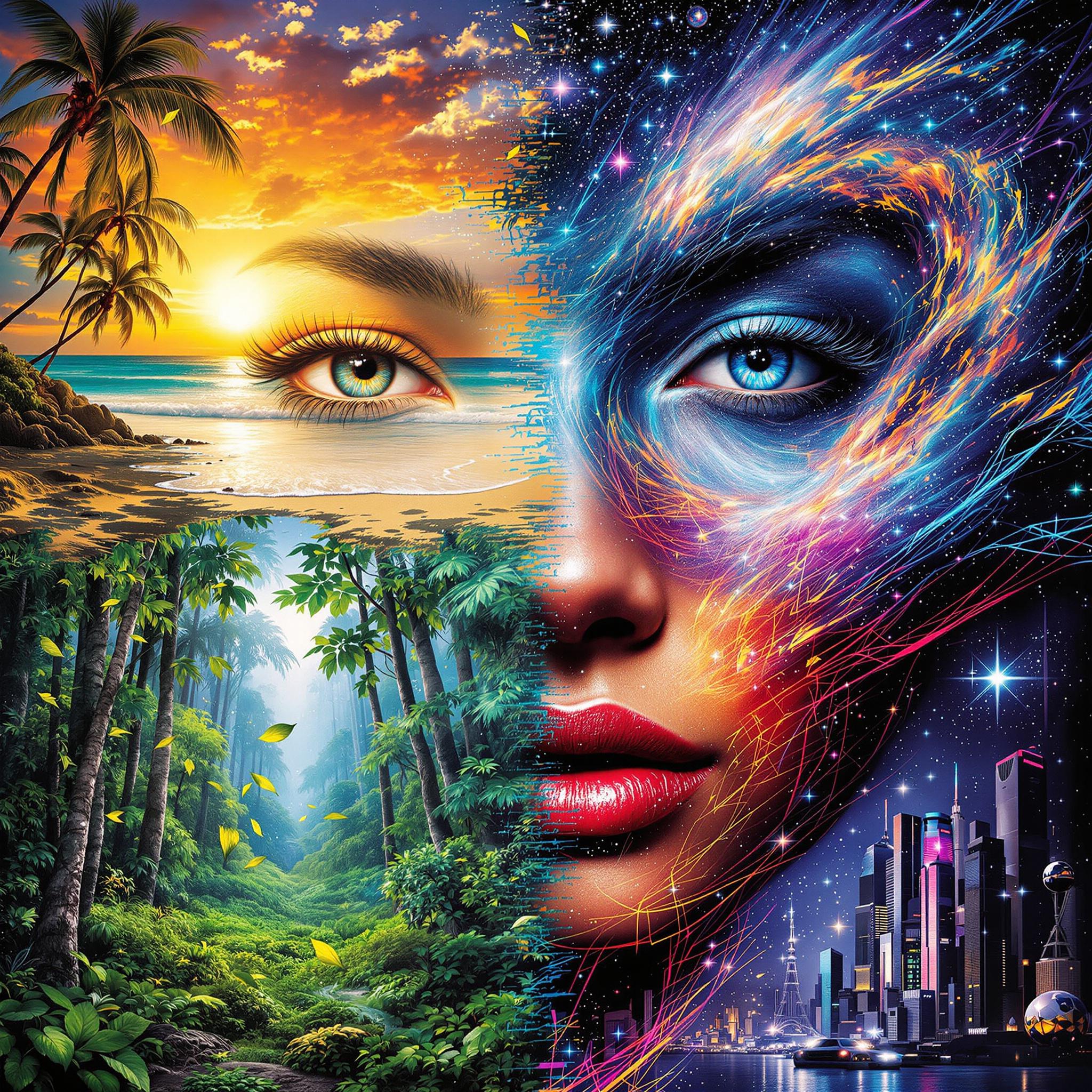 FLUX prompt: A vibrant, surreal face portrait collage, bl...