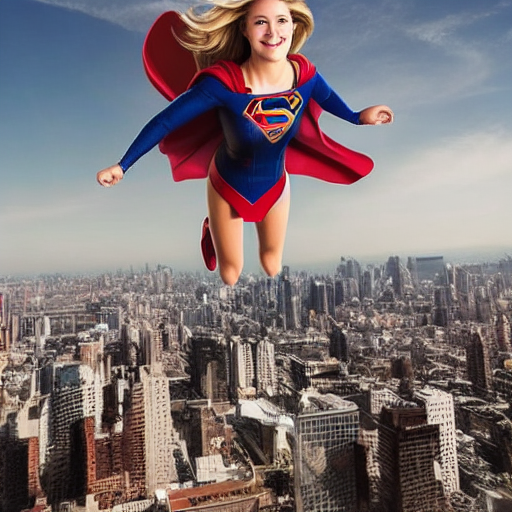 Stable Diffusion prompt: Supergirl smiles as she floats a...