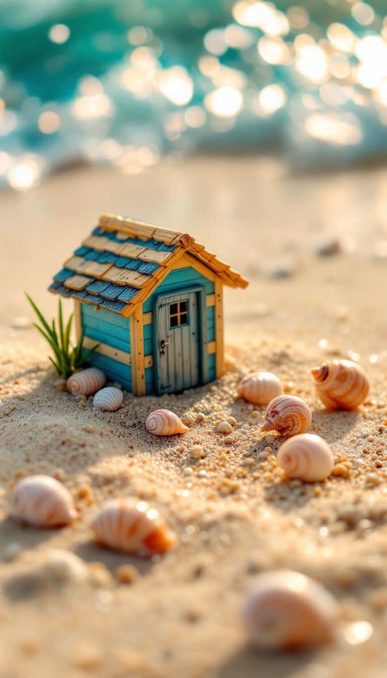 FLUX prompt: miniature detailed beach hut set in the clea...