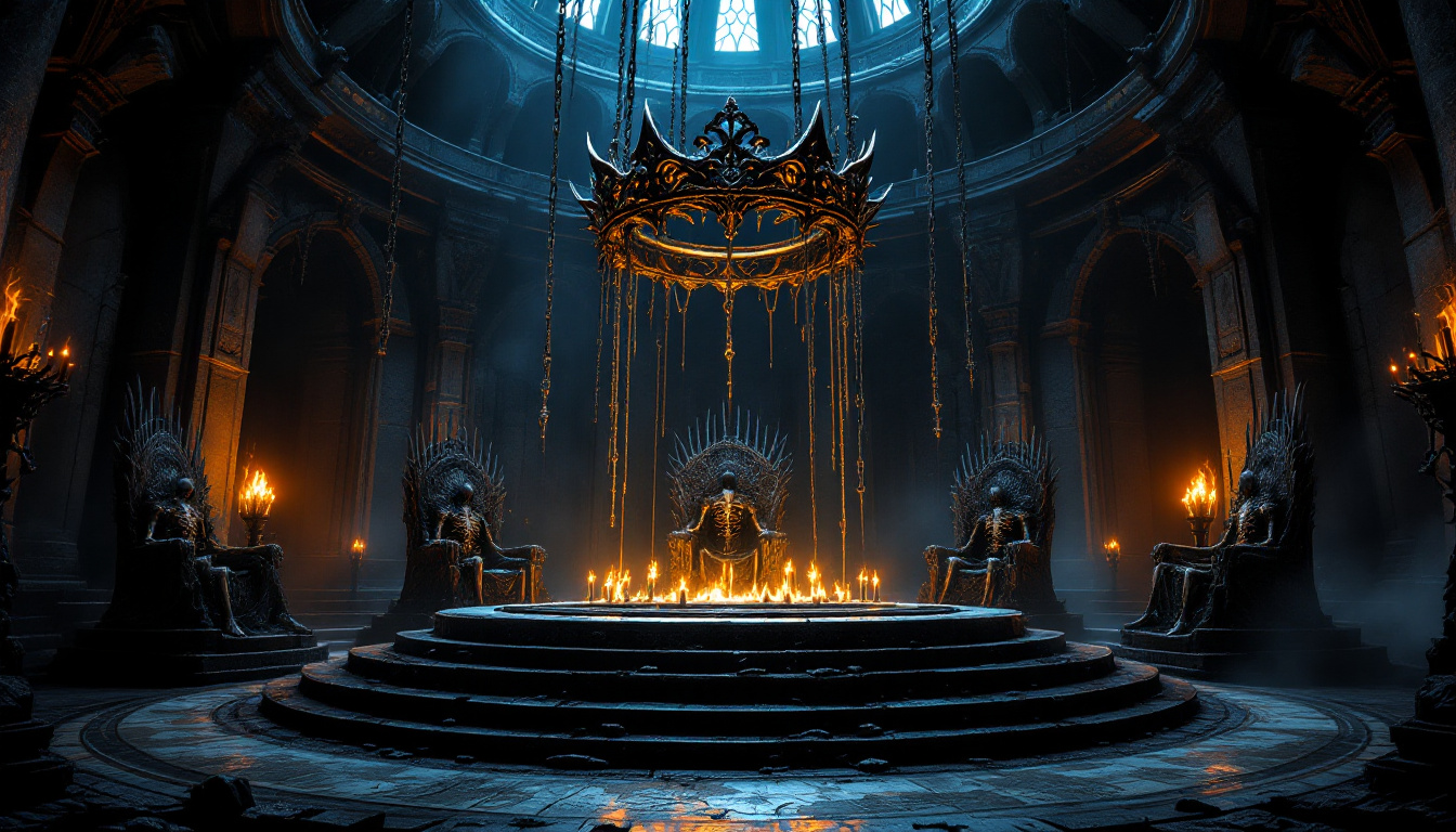 FLUX prompt: A dark, circular gothic chamber deep within a necr...