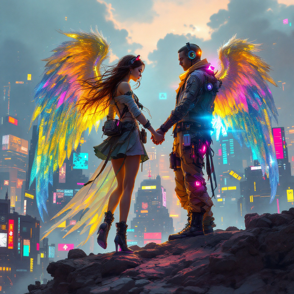 FLUX prompt: Beautiful cyber punk angel holding hands wit...