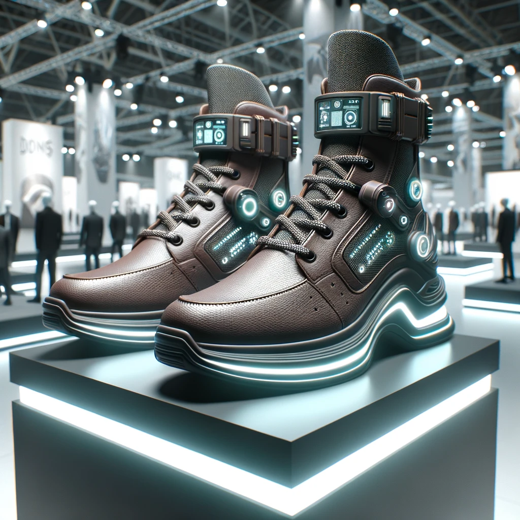 DALL·E prompt: Render of high-tech leather shoes on a ped...