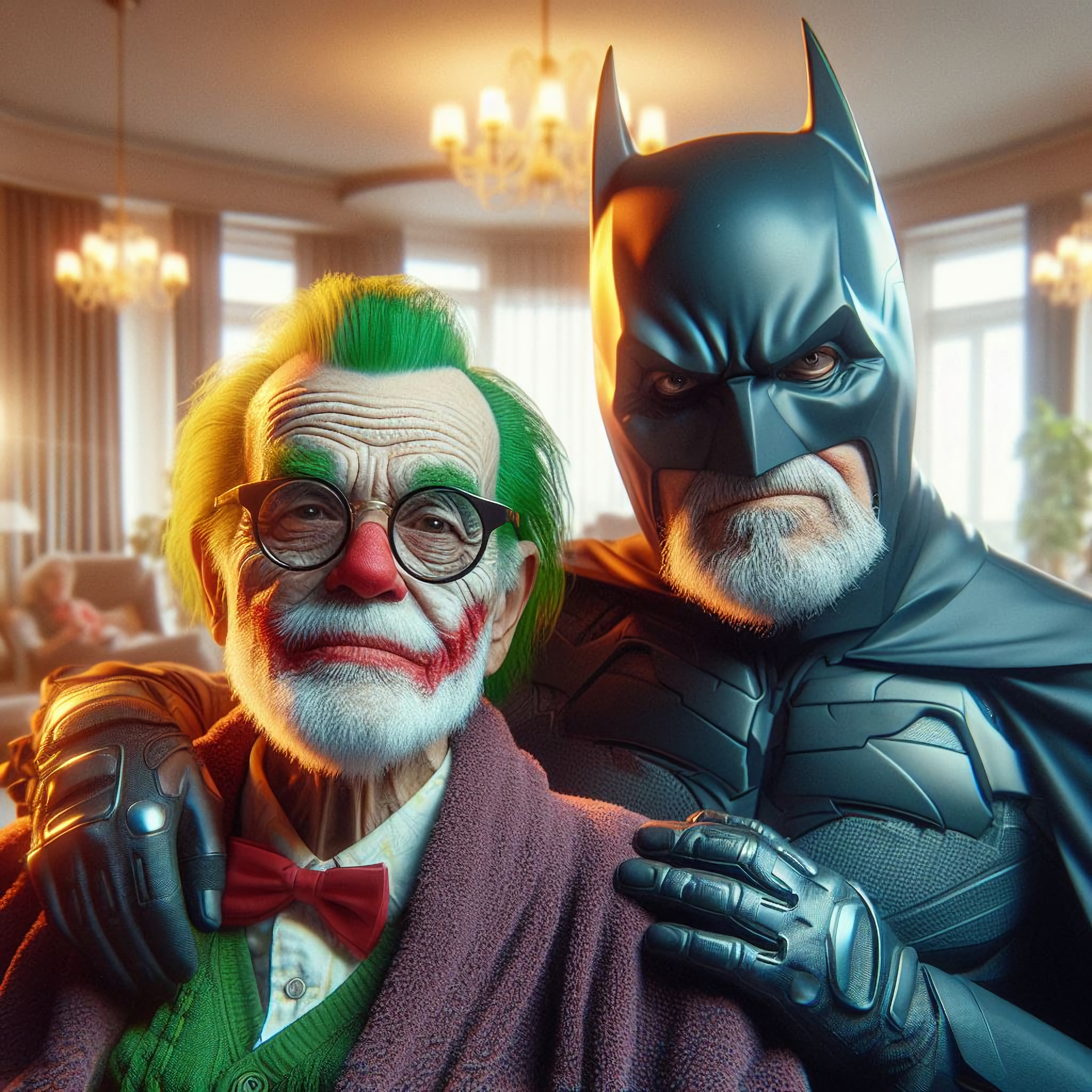DALL·E prompt: the joker and Batman are seniors in a reti...