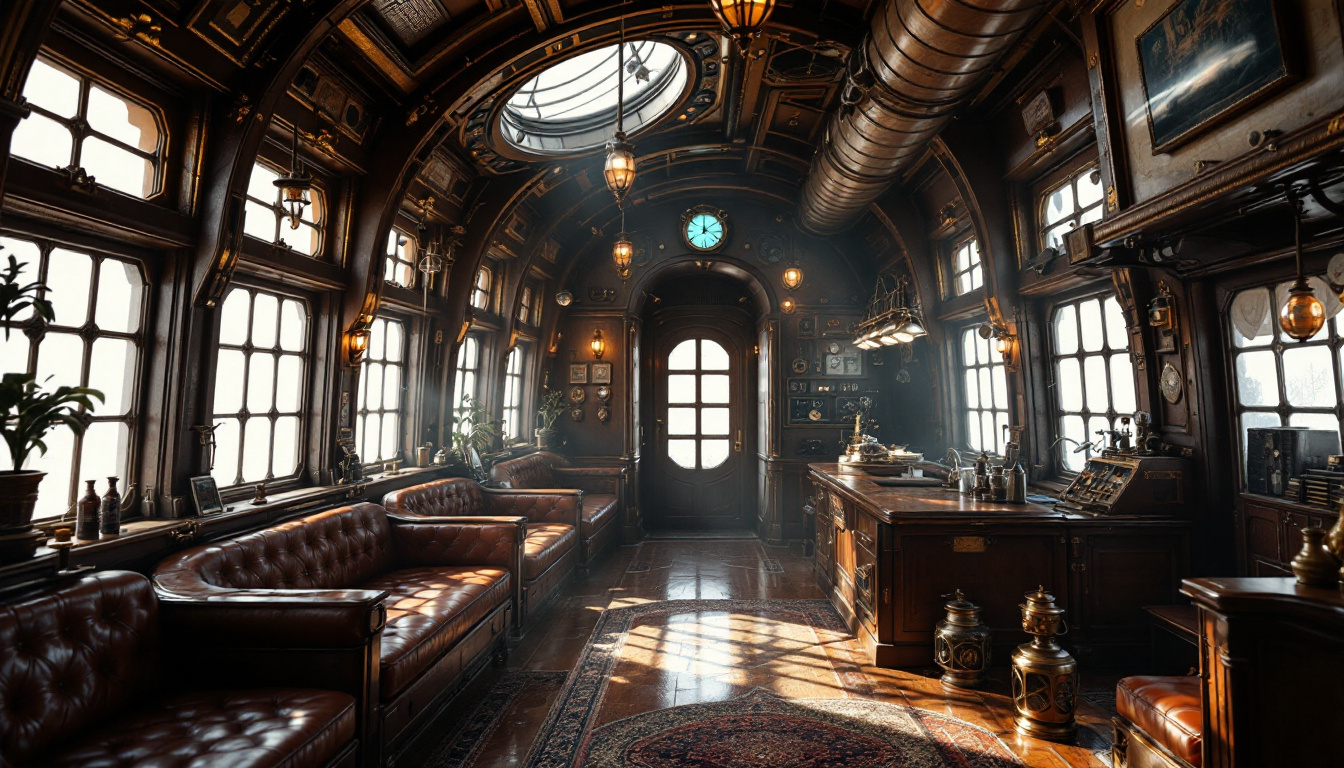 FLUX prompt: Interior de un dirigible tipo zepelin de est...