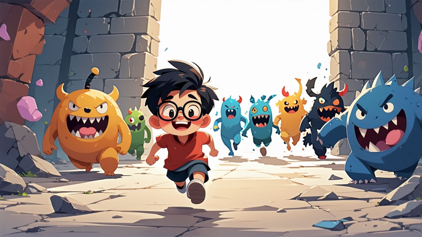 Stable Diffusion prompt: "A cartoon-style boy running and...