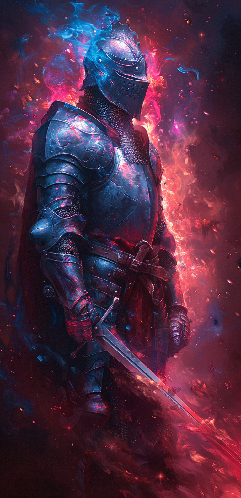 Midjourney prompt: A knight in full armor, with vibrant c...