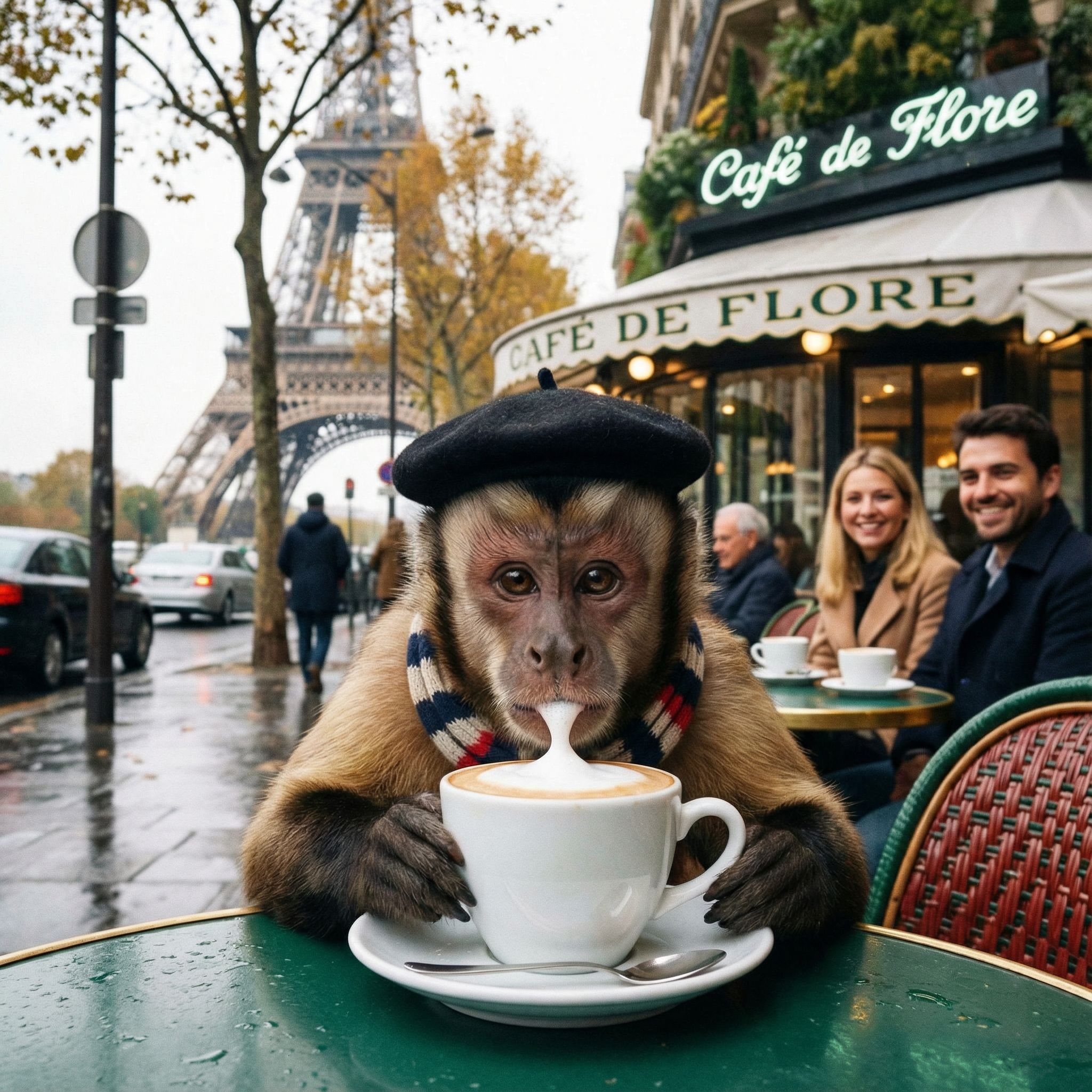 Nano Banana prompt: A monkey sipping a cappuccino in Paris