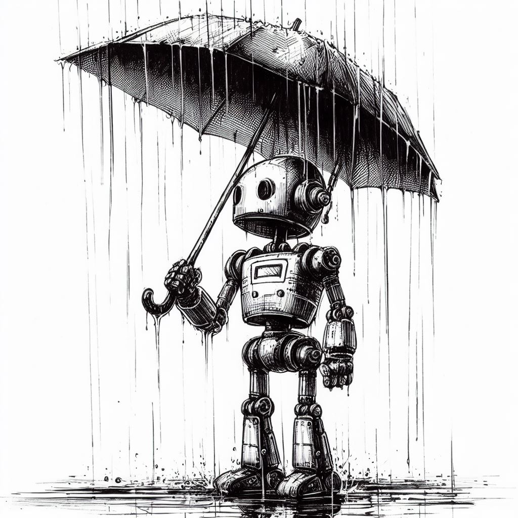 DALL·E prompt: robot holding an umbrella in the rain, ink...