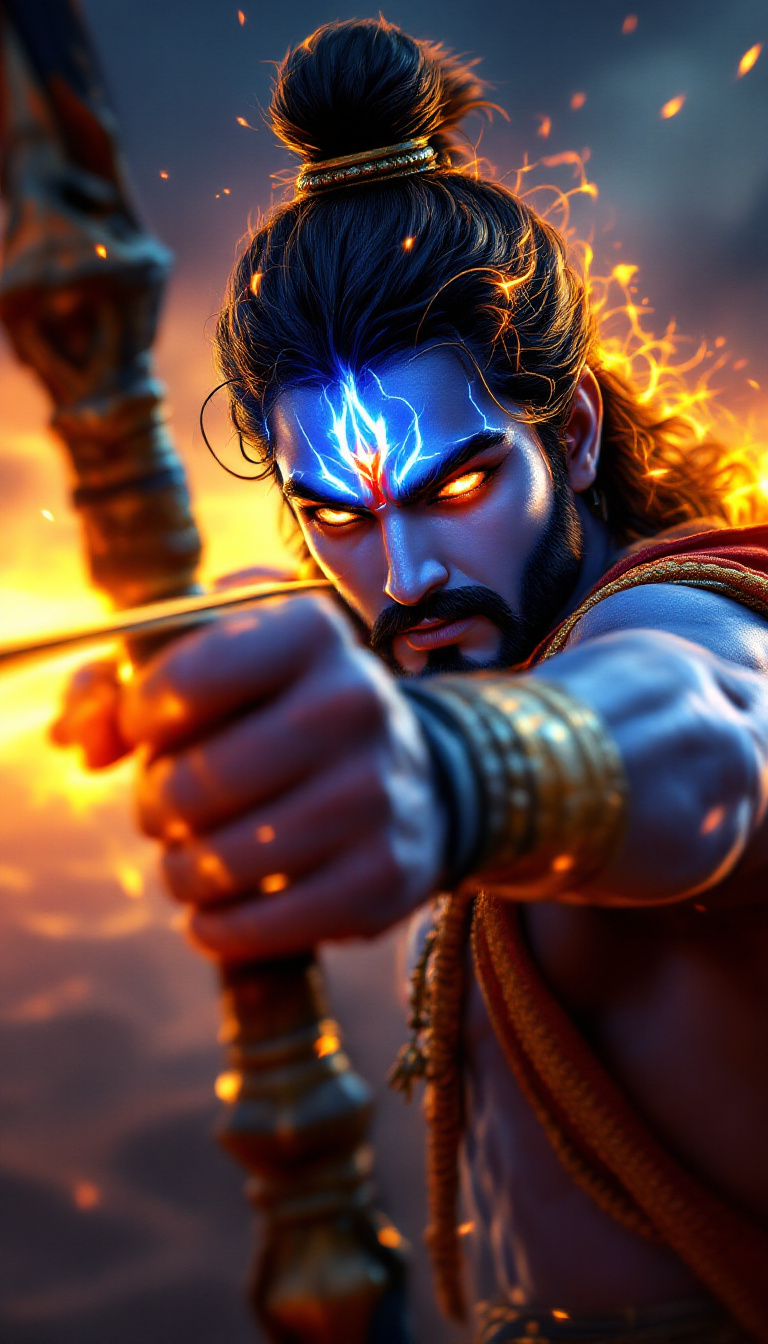 FLUX prompt: "Modern digital art of Lord Ram aiming his b...