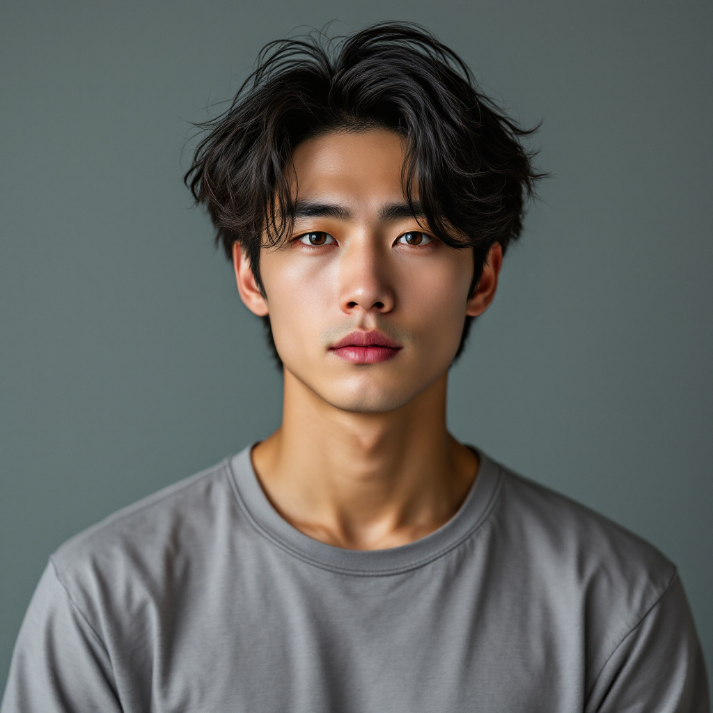 FLUX prompt: In this vivid portrait, a young man of Korea...