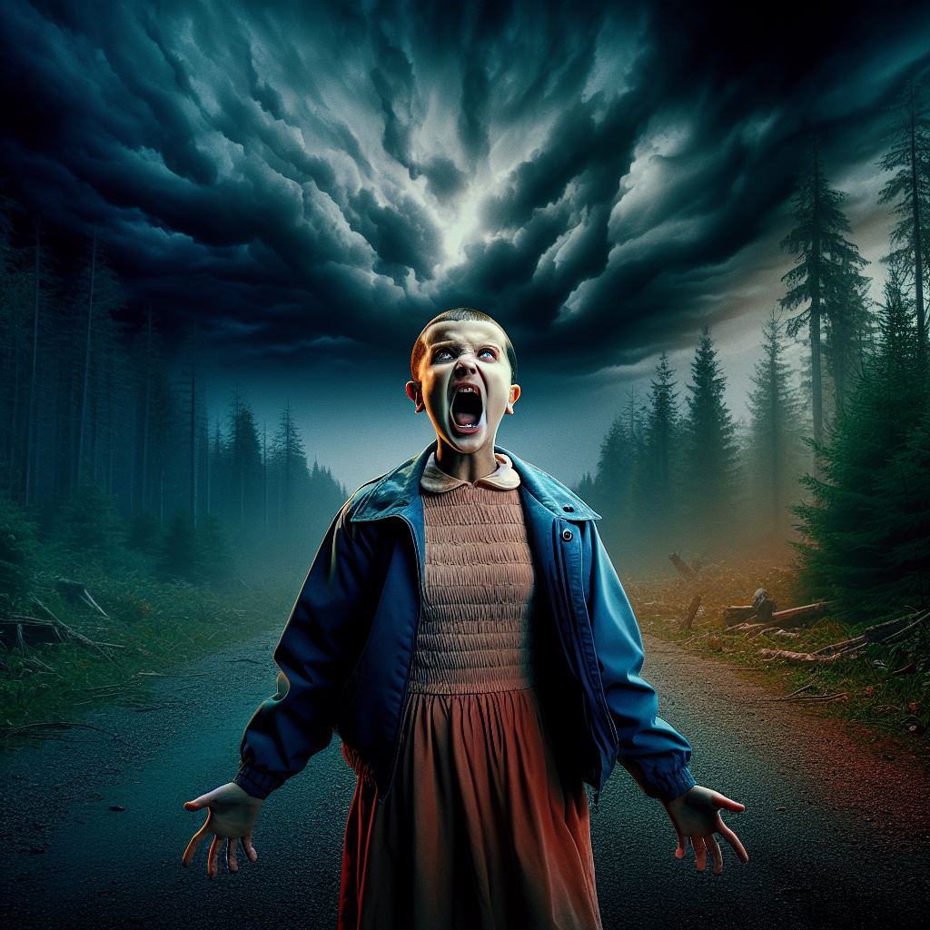 DALL·E prompt: eleven season 5 style from stranger things...