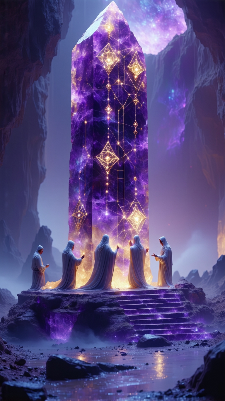 Stable Diffusion prompt: Three celestial artisans, clad i...