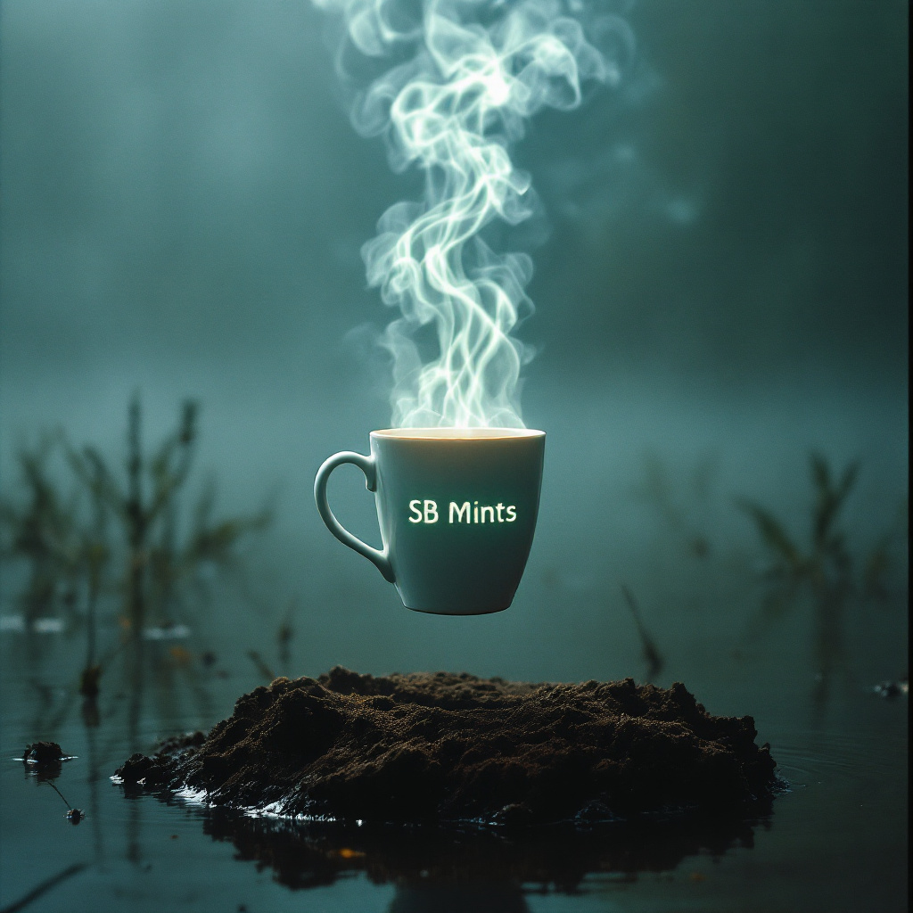 FLUX prompt: A coffee cup hovers unnaturally in midair ov...