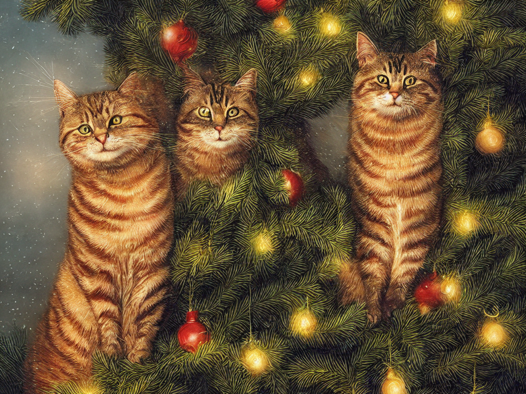 Stable Diffusion prompt: cat, christmas tree, masterpiece...